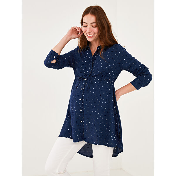 Gömlek Yaka Puantiyeli Uzun Kollu Viskon Hamile Tunik