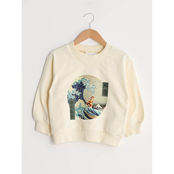 Bisiklet Yaka Uzun Kollu Büyük Dalga Tablosu Baskılı Kız Bebek Sweatshirt Bisiklet Yaka Uzun Kollu Büyük Dalga Tablosu Baskılı Kız Bebek Sweatshirt