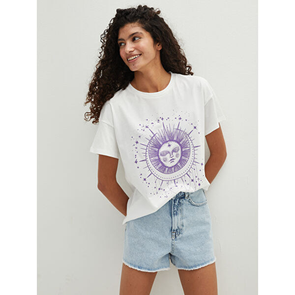 LCW GREEN Bisiklet Yaka Baskılı Kısa Kollu Pamuklu Kadın Tişört