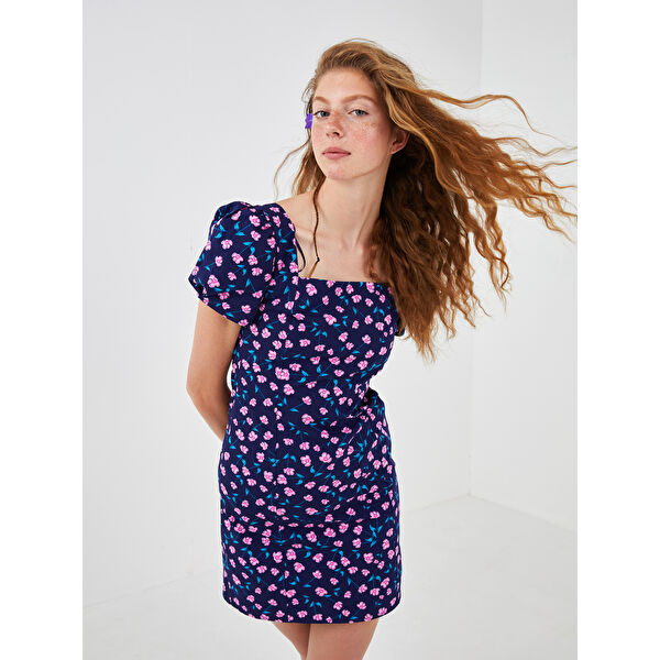 XSIDE Kare Yaka Çiçekli Kısa Kollu Pamuklu Kadın Elbise