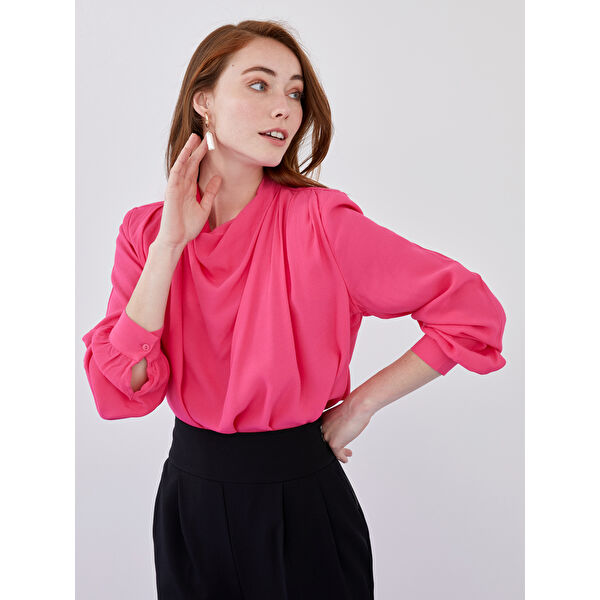 Dökümlü Yaka Düz Uzun Kollu Viskon Kadın Bluz