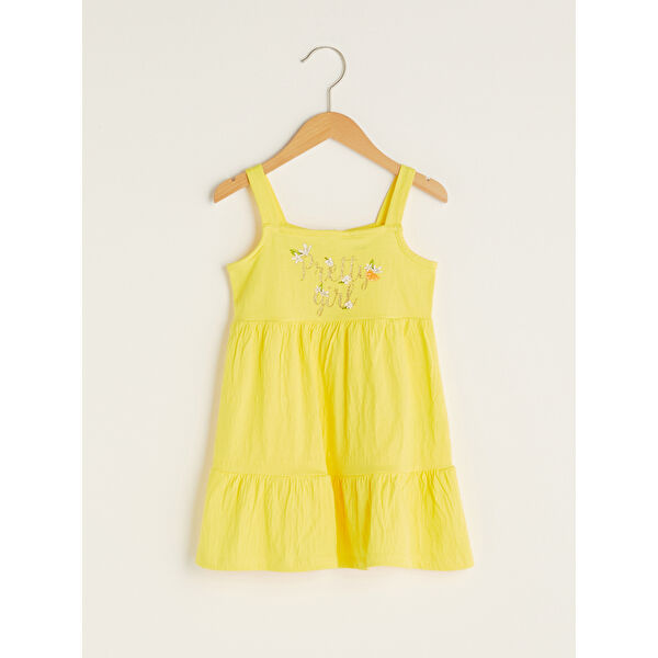 Kare Yaka Askılı Baskılı Kız Bebek Elbise