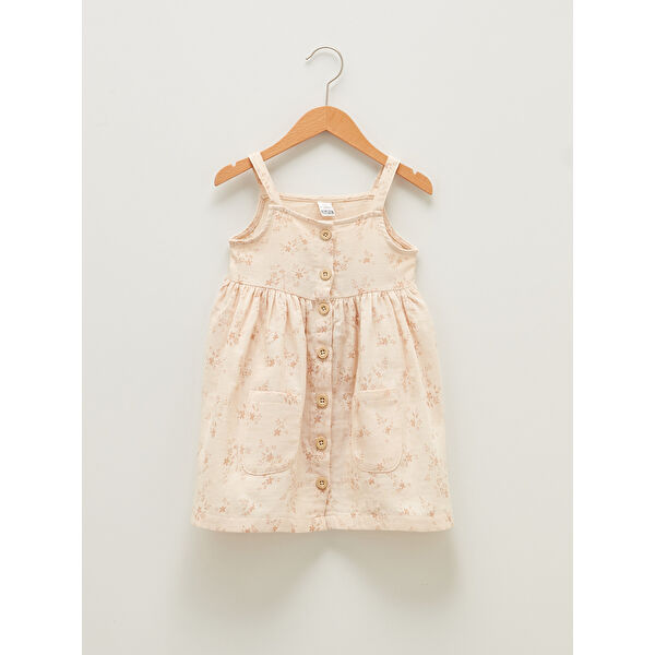 Kare Yaka Askılı Baskılı Kız Bebek Elbise