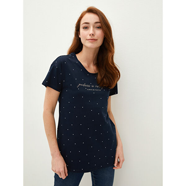 LCW CLASSIC Bisiklet Yaka Puantiyeli Kısa Kollu Pamuklu Kadın Tişört