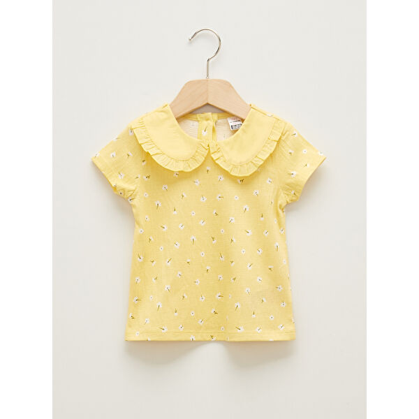 Bebe Yaka Kısa Kollu Desenli Kız Bebek Tişört