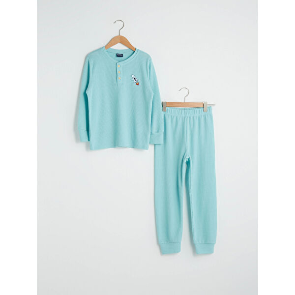 Bisiklet Yaka Nakışlı Uzun Kollu Erkek Çocuk Pijama Takımı