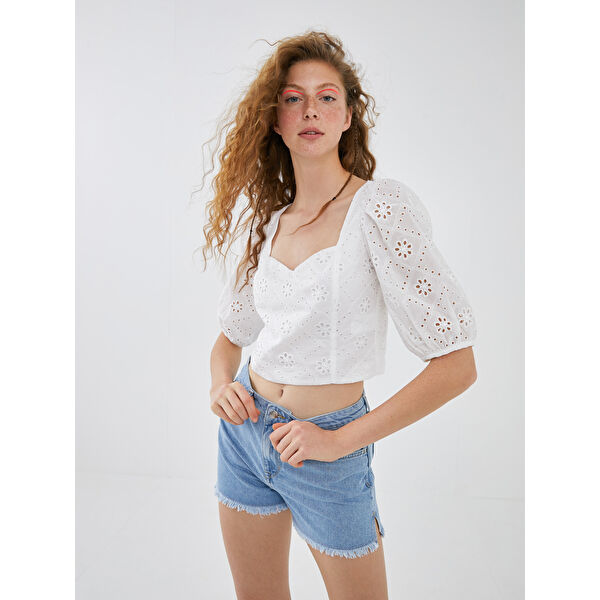 XSIDE Kalp Yaka Nakışlı Kısa Kollu Pamuklu Kadın Bluz