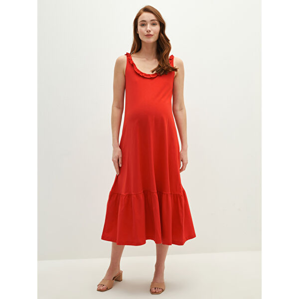 Bisiklet Yaka Askılı Fırfır Detaylı Hamile Elbise