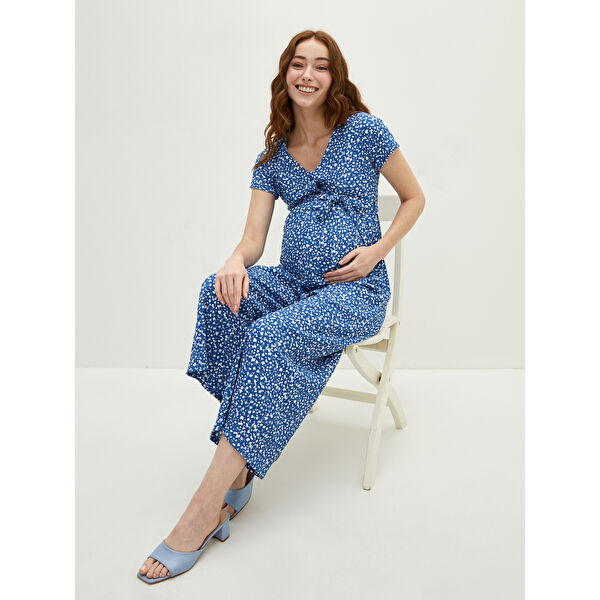 V Yaka Desenli Kısa Kollu Beli Bağlama Detaylı Krinkle Kumaş Hamile Tulum