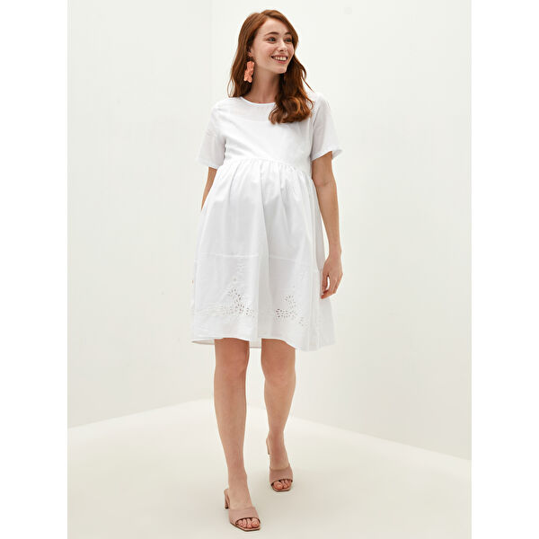 Bisiklet Yaka Nakışlı Kısa Kollu Poplin Kumaş Hamile Elbise