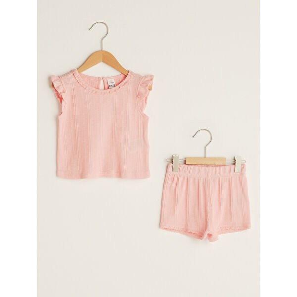 Bisiklet Yaka Kendinden Desenli Kız Bebek Tişört ve Şort 2'li Takım