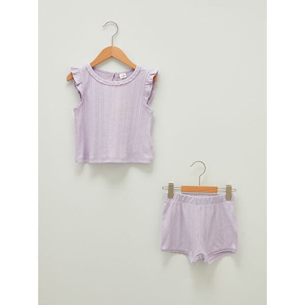 Bisiklet Yaka Kendinden Desenli Kız Bebek Tişört ve Şort 2'li Takım