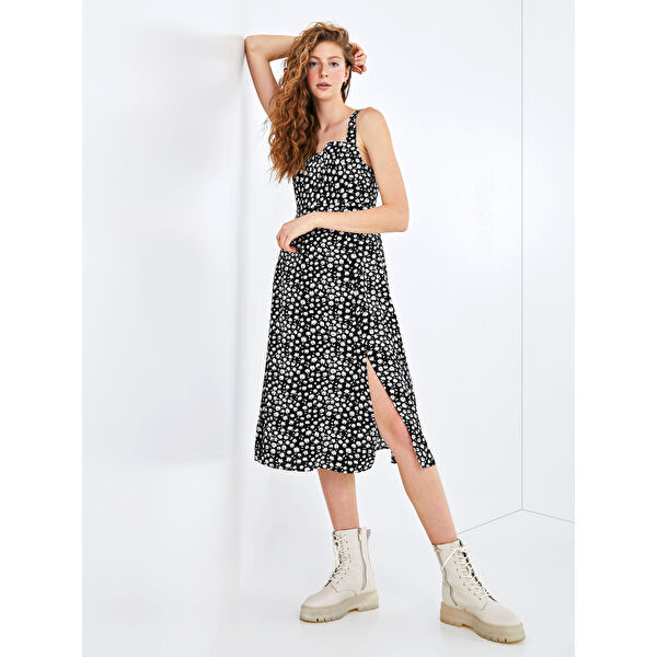 XSIDE Kare Yaka Askılı Çiçek Baskılı Viskon Kadın Elbise