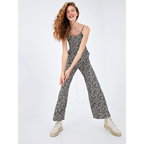 XSIDE V Yaka Çiçek Baskılı Askılı Viskon Kadın Tulum