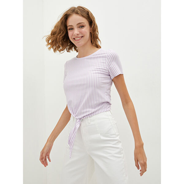 LCW CASUAL Bisiklet Yaka Çizgili Beli Bağlama Detaylı Kısa Kollu Kadın Bluz