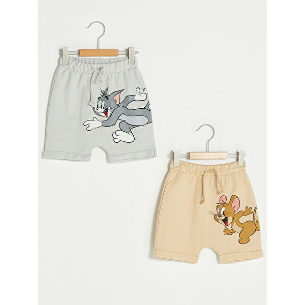 Beli Lastikli Pamuklu Tom ve Jerry Baskılı Erkek Bebek Şort 2'li