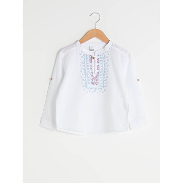 Hakim Yaka Uzun Kollu Nakış Detaylı Poplin Erkek Bebek Gömlek