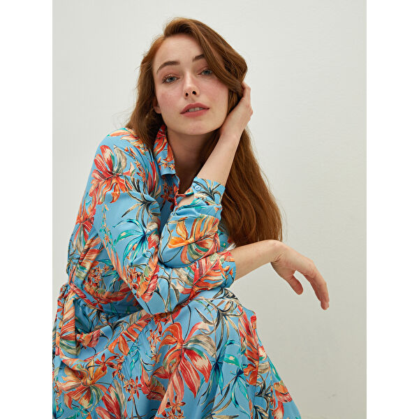 LCW CLASSIC Gömlek Yaka Desenli Uzun Kollu Beli Kuşaklı Viskon Kadın Elbise