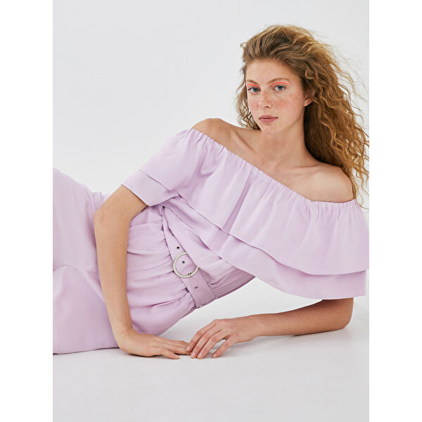 XSIDE Kayık Yaka Beli Kemerli Fırfır Detaylı Viskon Kadın Tulum XSIDE Kayık Yaka Beli Kemerli Fırfır Detaylı Viskon Kadın Tulum