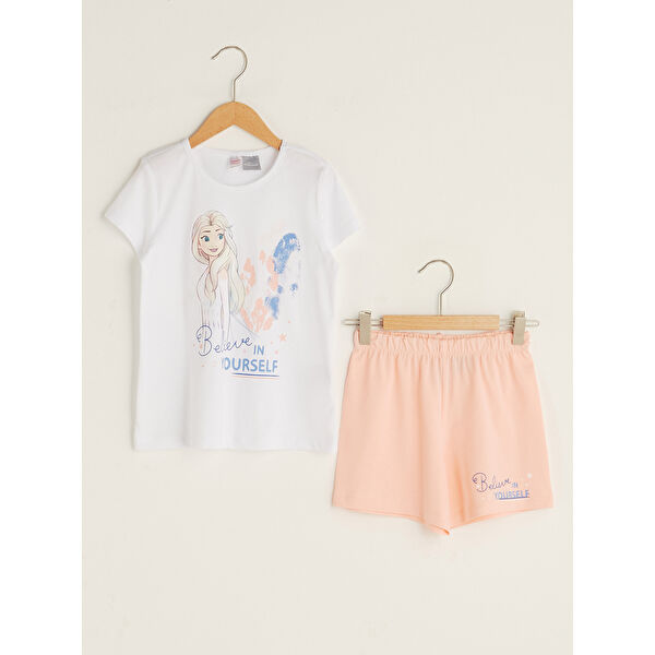 Bisiklet Yaka Elsa Baskılı Kısa Kollu Kız Çocuk Şortlu Pijama Takımı