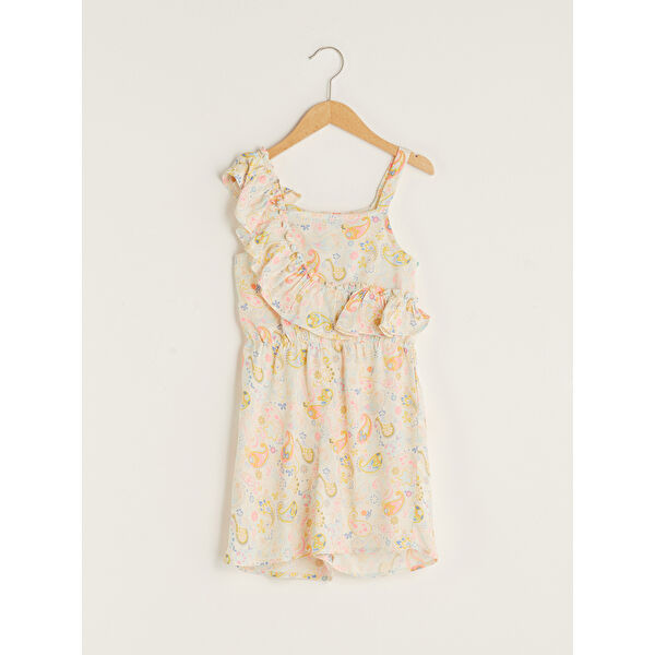 Kare Yaka Desenli Fırfır Detaylı Viskon Kız Çocuk Tulum Kare Yaka Desenli Fırfır Detaylı Viskon Kız Çocuk Tulum