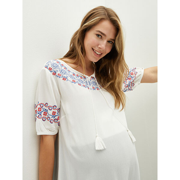 Bağlamalı Yaka Baskılı Kısa Kollu Krinkle Kumaş Hamile Bluz