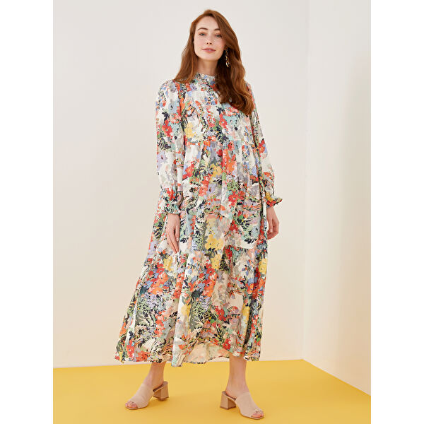 LCW CLASSIC Fırfırlı Yaka Desenli Uzun Kollu A Kesim Kadın Elbise