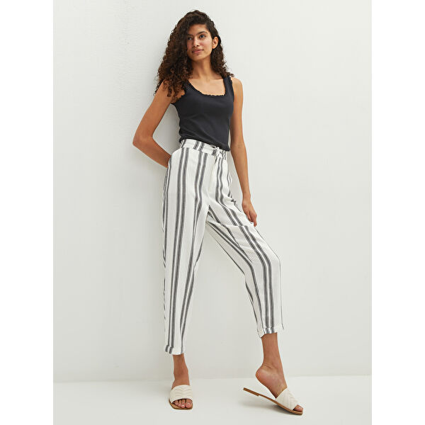 Beli Lastikli Bol Fit Çizgili Cep Detaylı Kadın Pantolon