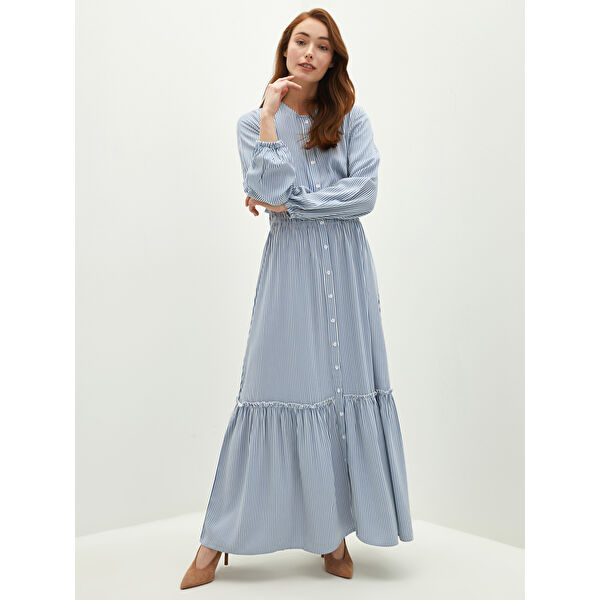 MODEST Bisiklet Yaka Çizgili Uzun Kollu Belmando Kumaş Kadın Elbise