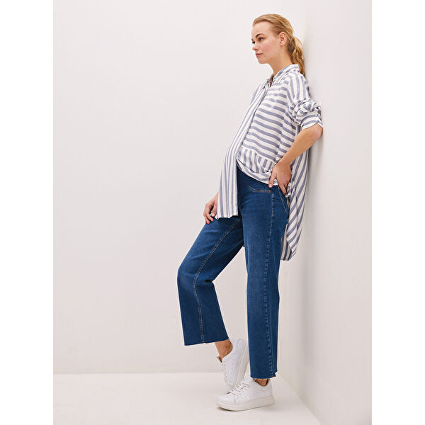 Karın Panelli Düz Cep Detaylı Geniş Paça Hamile Rodeo Jean Pantolon