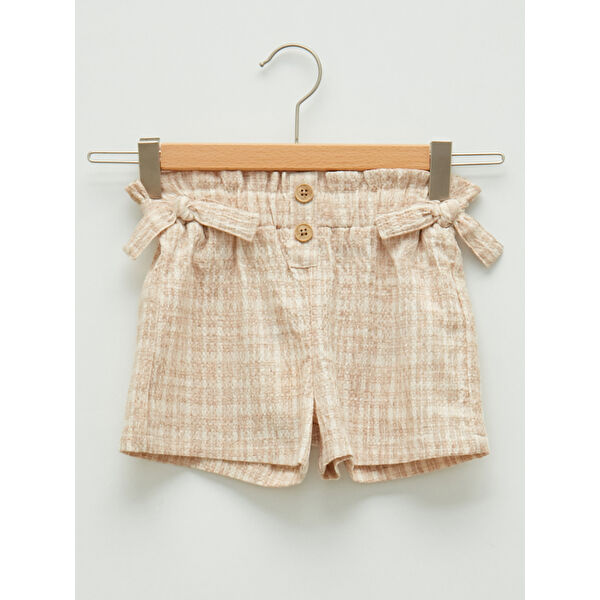 Beli Lastikli Ekose Desenli Kız Bebek Şort
