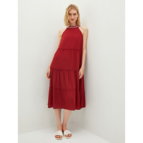 Nakışlı Halter Yaka Kolsuz Krinkle Kumaş Kadın Elbise