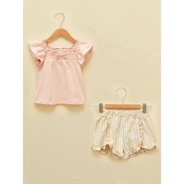Kare Yaka Kısa Kollu Organik Pamuklu Kız Bebek Bluz ve Şort 2'li Takım