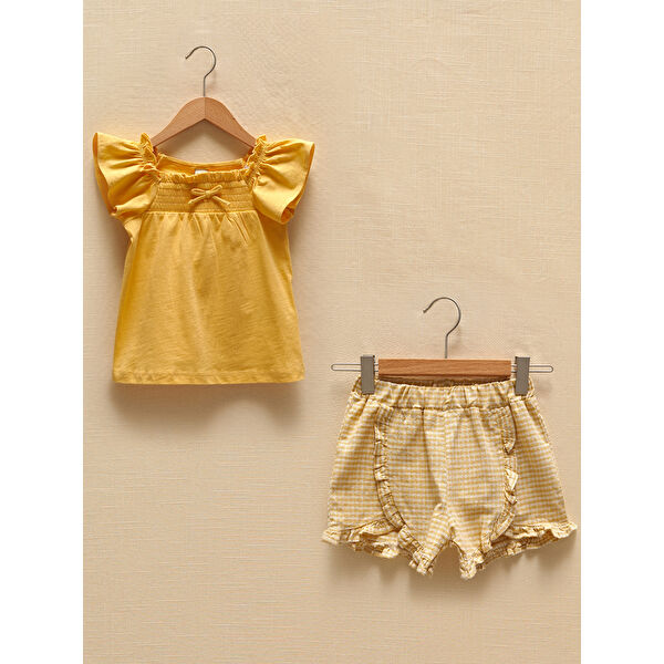 Kare Yaka Kısa Kollu Organik Pamuklu Kız Bebek Bluz ve Şort 2'li Takım