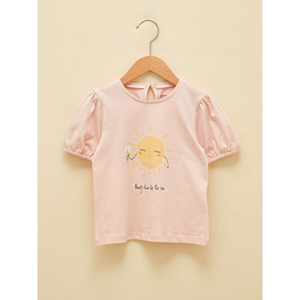 Bisiklet Yaka Kısa Kollu Baskılı Organik Pamuklu Kız Bebek Tişört