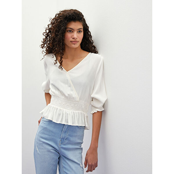 Kruvaze V Yaka Düz Uzun Kollu Krinkle Kumaş Kadın Bluz