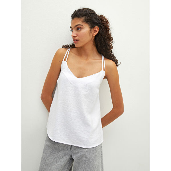 V Yaka Düz Askılı Dobby Kumaş Kadın Bluz