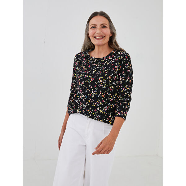 LCW GRACE Bisiklet Yaka Çiçek Baskılı Uzun Kollu Pamuklu Kadın Tişört