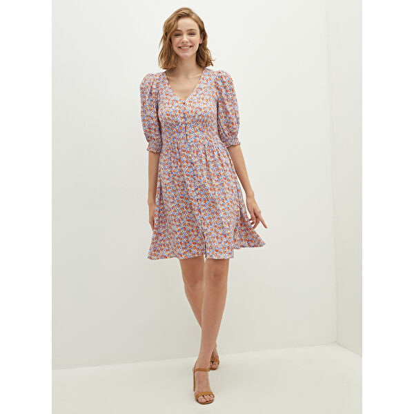 LCW VISION V Yaka Desenli Kısa Kollu Maroken Kumaş Kadın Elbise LCW VISION V Yaka Desenli Kısa Kollu Maroken Kumaş Kadın Elbise