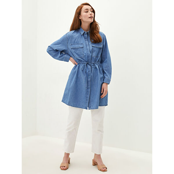 LCW CLASSIC Düğmeli Gömlek Yaka Cep Detaylı Uzun Kollu Kadın Jean Tunik