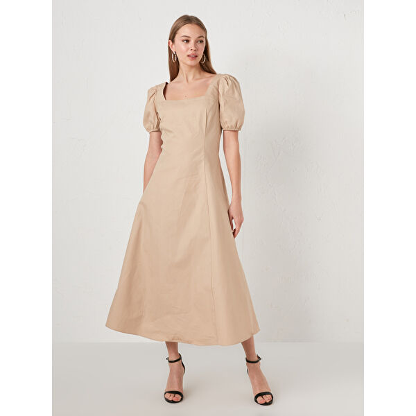 LCW VISION Kare Yaka Düz Balon Kollu Poplin Kadın Elbise