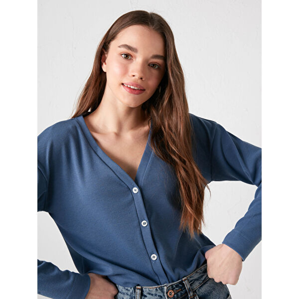 LCW CASUAL V Yaka Düğme Detaylı Uzun Kollu Kaşkorse Kadın Hırka