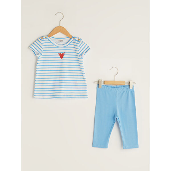 Bisiklet Yaka Kısa Kollu Çizgili Tişört ve Tayt 2'li Takım