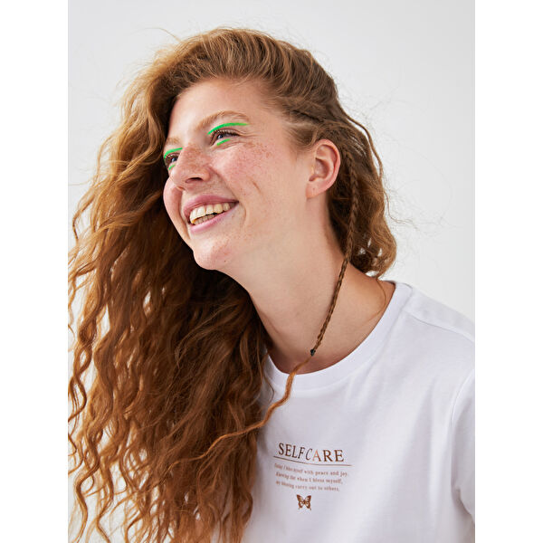 XSIDE Bisiklet Yaka Baskılı Kısa Kollu Organik Pamuklu Kadın Tişört