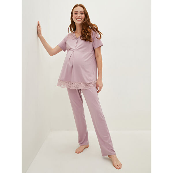 LCW DREAM V Yaka Dantel Detaylı Kısa Kollu Hamile Pijama Takımı