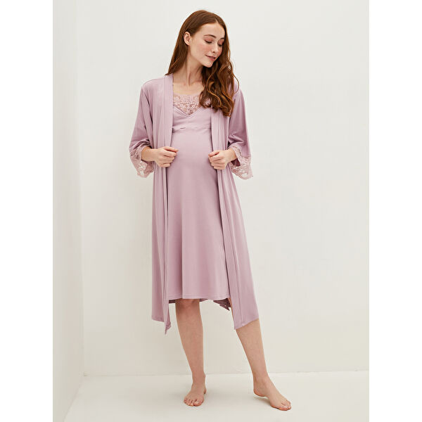 LCW DREAM Şal Yaka Dantel Detaylı Uzun Kollu Hamile Sabahlık