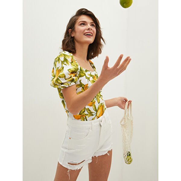 LCW CASUAL Kare Yaka Baskılı Kısa Kollu Maroken Kumaş Kadın Bluz