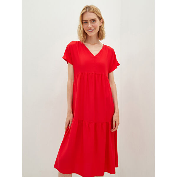 LCW CASUAL V Yaka Düz Kısa Kollu Krep Kumaş Kadın Elbise