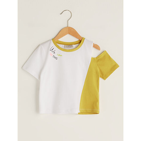 Bisiklet Yaka Baskılı Omuz Detaylı Kısa Kollu Pamuklu Kız Çocuk Tişört