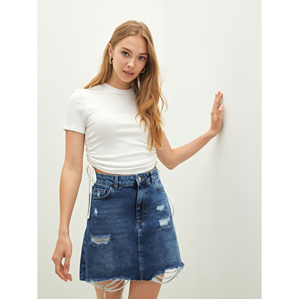 Standart Fit Cepli Yırtık Detaylı Kadın Rodeo Jean Etek Standart Fit Cepli Yırtık Detaylı Kadın Rodeo Jean Etek